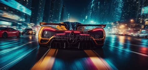 Conceptual Sports Car Races Very Dynamically On A Wide Road In The City At Night Speed Rush