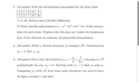 Solved 45 Points Find The Interpolation Polynomial For The