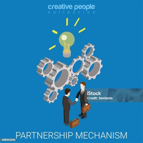 제휴 아이디어 메커니즘 평면 3d 아이소메트리 아이소메트릭 비즈니스 개념 웹 벡터 일러스트 레이 션 실업가 악수와 연결 된 코그 휠 기어 전구 램프 크리에이 티브 사람들이