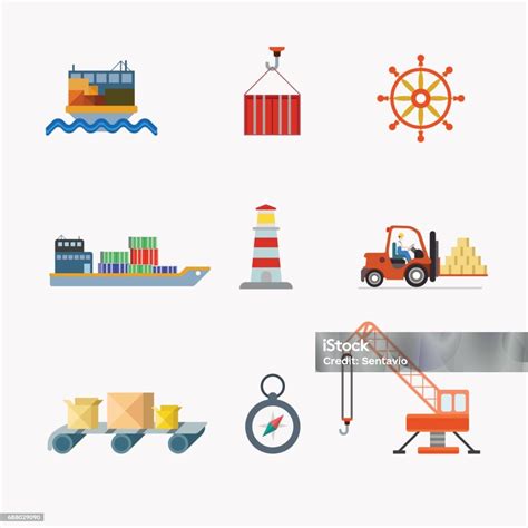 평면 스타일 현대 납품 선적 전송 아이콘 세트입니다 컨테이너 선박 크레인 등 대 로더 컨베이어 나침반 휠입니다 0명에 대한 스톡 벡터 아트 및 기타 이미지 Istock