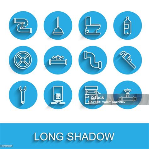 세트 라인 렌치 스패너 불타는 불이 있는 가스 보일러 산업 금속 파이프 우물 및 밸브 파이프 조정 가능한 렌치 및 아이콘 벡터 파란색에 대한 스톡 벡터 아트 및 기타 이미지