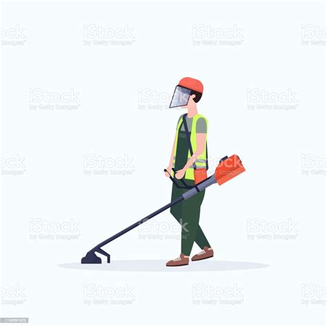 브러시 커터 원예 개념 평면 전체 길이 흰색 배경과 균일 한 절단 잔디에 남자 정원사 앞마당 또는 뒷마당에 대한 스톡 벡터 아트 및 기타 이미지 앞마당 또는 뒷마당