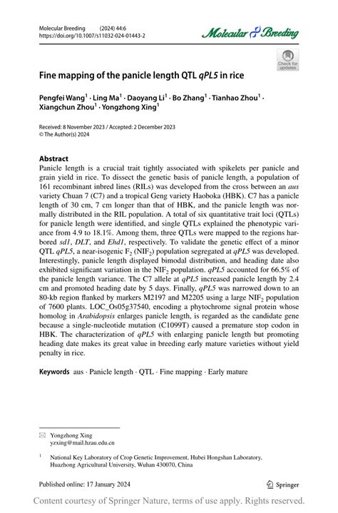 Pdf Fine Mapping Of The Panicle Length Qtl Qpl5 In Rice