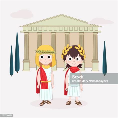 만화 캐릭터 소녀와 소년을 입고 고대의 의상 어린이를 위한 고 대 로마 배경에서 사원과 나무와 벡터 일러스트 레이 션 그리스