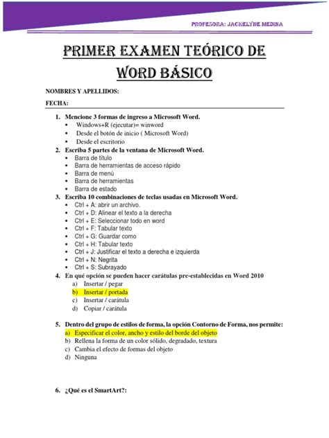 Primer Examen Teórico De Word Básico Pdf Ventana Informática