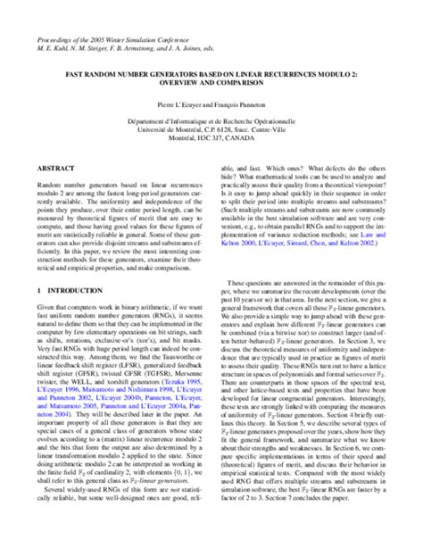 Pdf Fast Random Number Generators Based On Linear Recurrences Modulo 2 Overview And