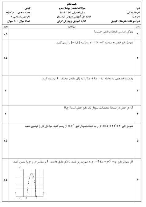 سوالات امتحان ریاضی 2 فنی سال یازدهم هنرستان جوادیه پودمان 1 تابع گاما