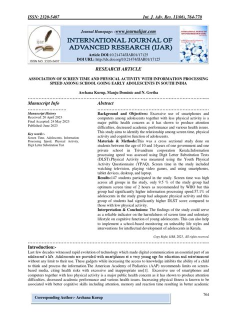 Association Of Screen Time And Physical Activity With Information Processing Speed Among School