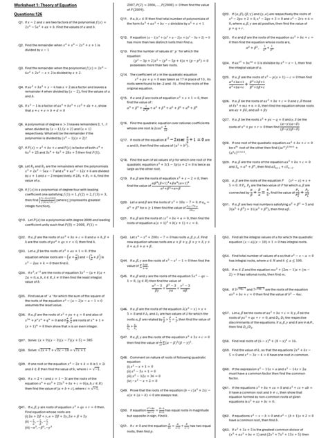Wrksht 1 Theory Of Equation Pdf Factorization Quadratic Equation