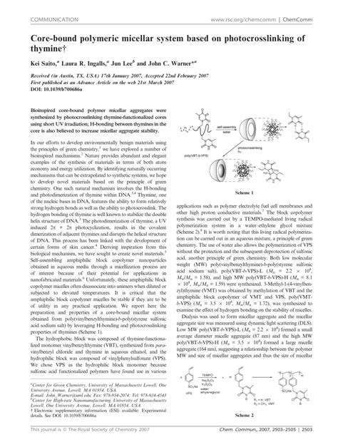 Pdf Core Bound Polymeric Micellar System Based On Photocrosslinking Of Thymine
