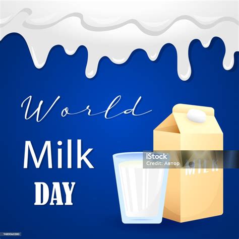 현실적인 만화 세계 우유의 날 배너입니다 다채로운 식물 또는 유당 우유 벡터 그림입니다 우유 한 잔 우유병 우유 스플래쉬 테두리가 파란색 배경에 있습니다 3차원 형태에 대한