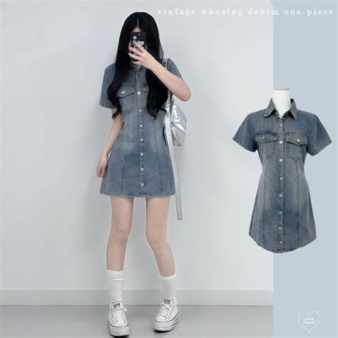 핑크선셋 기장 선택🖤 [빈티지 워싱 데님 원피스] 숏 롱 여름 반팔 셔츠 카라 생지 연청 청 남방 셔츠 미니 스커트 키작녀