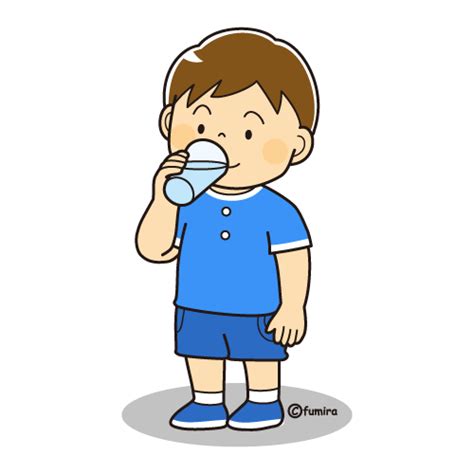 コップで水を飲む男の子のイラスト（カラー） 子供と動物のイラスト屋さん わたなべふみ