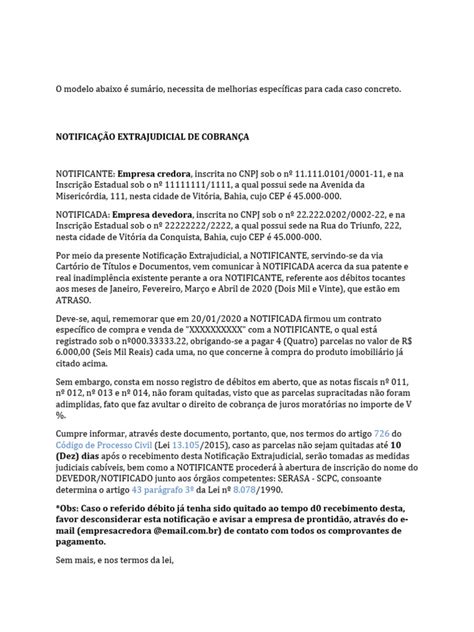 Modelo De Notificacao Extrajudicial De Cobranca Pdf