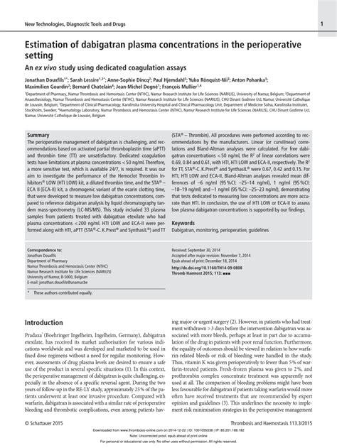 Pdf Estimation Of Dabigatran Plasma Concentrations In The Perioperative Setting An Ex Vivo