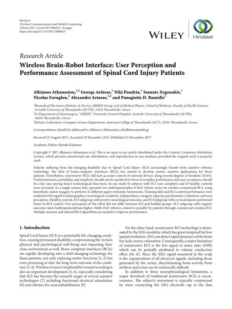 PDF Wireless Brain Robot Interface User Perception And Performance Assessment Of Spinal Cord