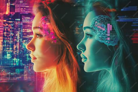 Sci Fi Tech Sci Fi Brain Cognitive Tech Brain Interface And Neural Fusion Two Female Profiles In