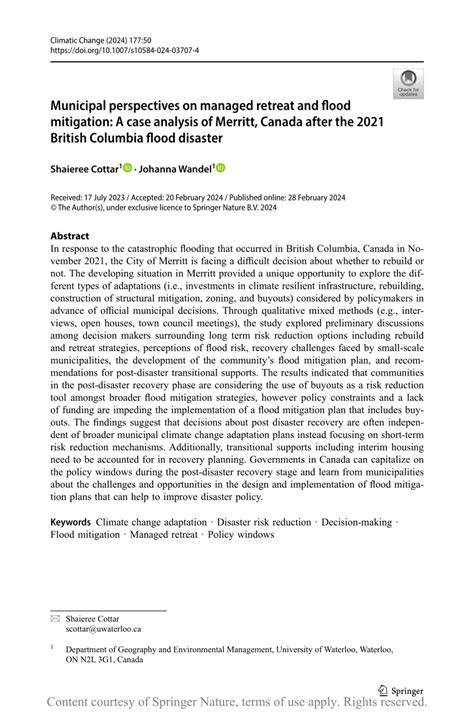 Municipal Perspectives On Managed Retreat And Flood Mitigation A Case Analysis Of Merritt