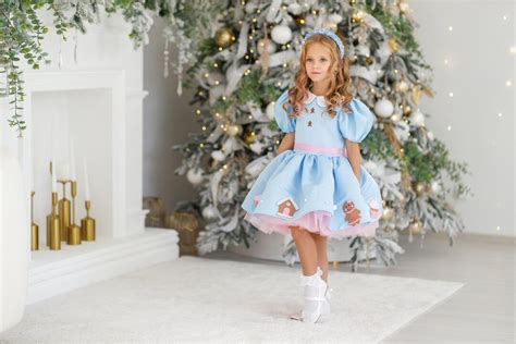 Girls Blue Christmas Dress Festive Gingerbread House Dress For Girls