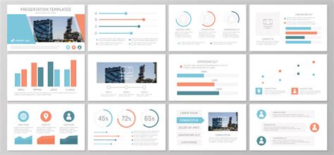 다목적 프레 젠 테이 션 템플릿 슬라이드 그래프와 차트에 대 한 오렌지와 블루 요소의 집합입니다 전단지와 전단지 기업 보고서