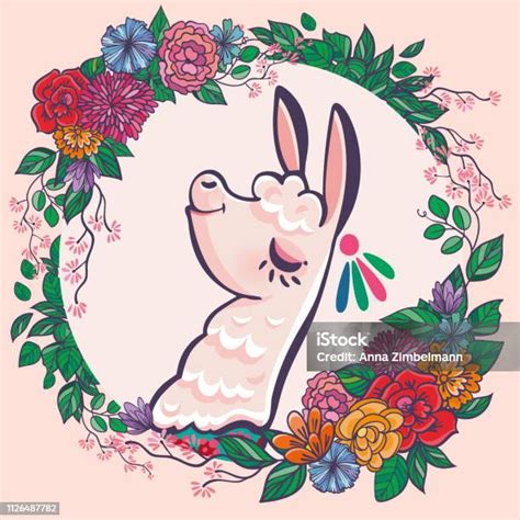 아름 다운 라마 알파 카 세로 꽃 프레임 벡터 스케치 개요 만화 일러스트 레이 션 스케치에 대한 스톡 벡터 아트 및 기타 이미지