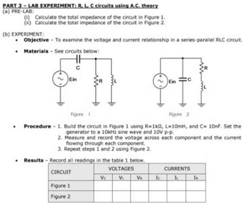 Solved PART LAB EXPERIMENT R L C Circuits Using A C Theory