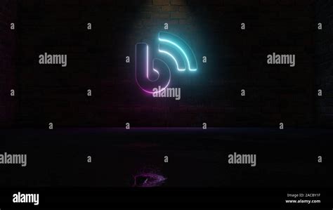 3d Rendering Of Blue Violet Neon Symbol Of Blog On Dark Brick Wall Background With Wet Blurred