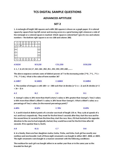 Tcs Digital Sample Questions Advanced Aptitude Set 2 Pdf Elementary Mathematics Mathematics