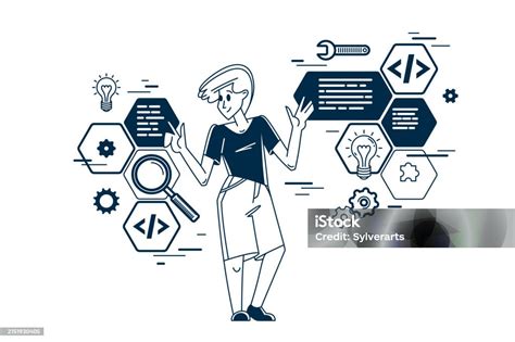 Programmer Is Coding And Repairing Some Machine System Vector Outline Illustration Computer