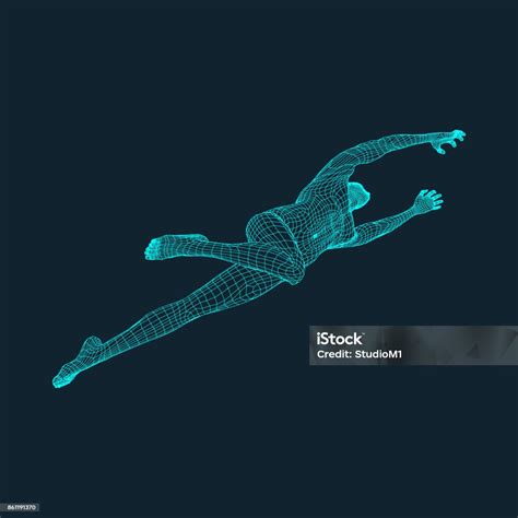 점프 맨 다각형 디자인입니다 남자 기하학적 디자인의 3d 모델입니다 사업 과학 및 기술 벡터 일러스트 레이 션입니다 3d 다각형 덮 음 피부입니다 인간의 다각형 몸입니다