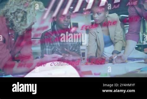 Computer Code Animation Over Diverse Team Collaborating In Modern