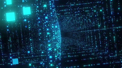 Big Data Tunnel Dot In Cyberspace Background Drone View Flying Camera Blue Glowing Dot