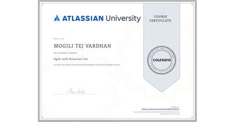 Completion Certificate For Agile With Atlassian Jira Teja Vardhan