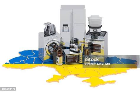 우크라이나의지도에 부엌과 가전 제품 생산 쇼핑 및 배달 개념 흰색 배경에서 격리된 3d 렌더링 3차원 형태에 대한 스톡 사진 및 기타 이미지 Istock