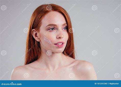Fashion Portrait Of Redhead Model Nude With Perfect Skin Studio On White Background Stock Photo
