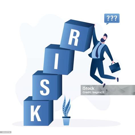 위험 관리 개념 배너 사업가는 텍스트가있는 큐브의 불균형 한 피라미드 인 Risk를 고수하기 위해 고군분투합니다 재무 관리 개념에 대한 스톡 벡터 아트 및 기타 이미지