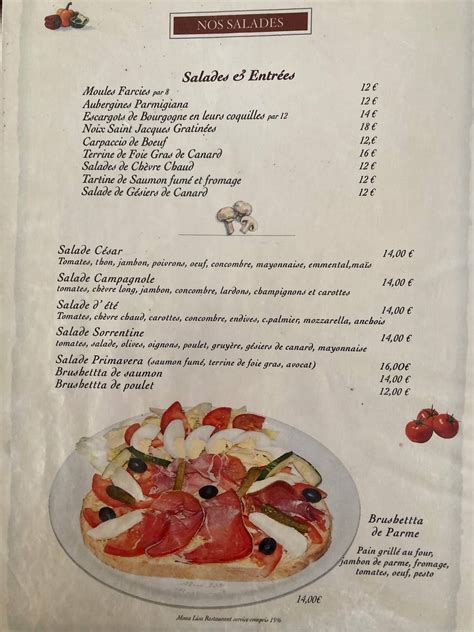 Menu Au Mona Lisa Pizzeria Domont