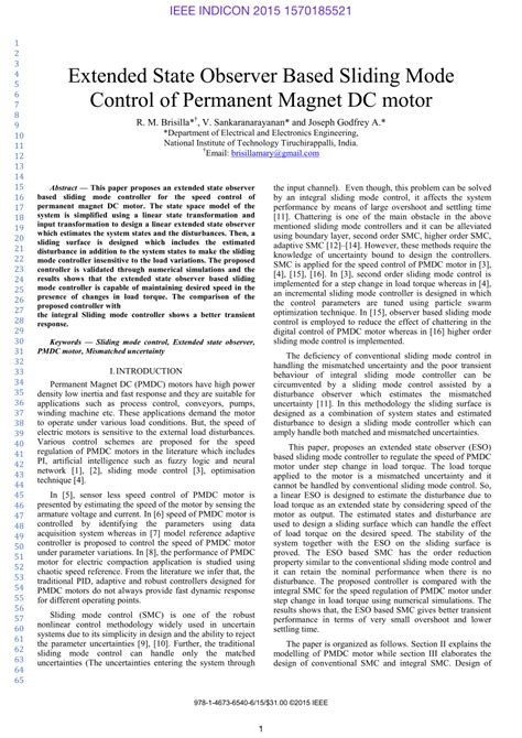Pdf Extended State Observer Based Sliding Mode Control Of Permanent Magnet Dc Motor