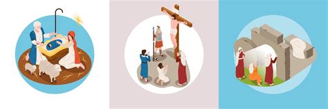 출생과 부활 기호 아이소 메트릭 격리 된 벡터 일러스트 레이 션 설정 예수 생활 광장 무료 벡터