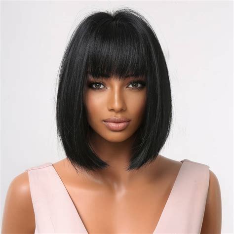 Short Black Brown Bob Wig With Bangs Dark Brown Short Bob Wig For Women