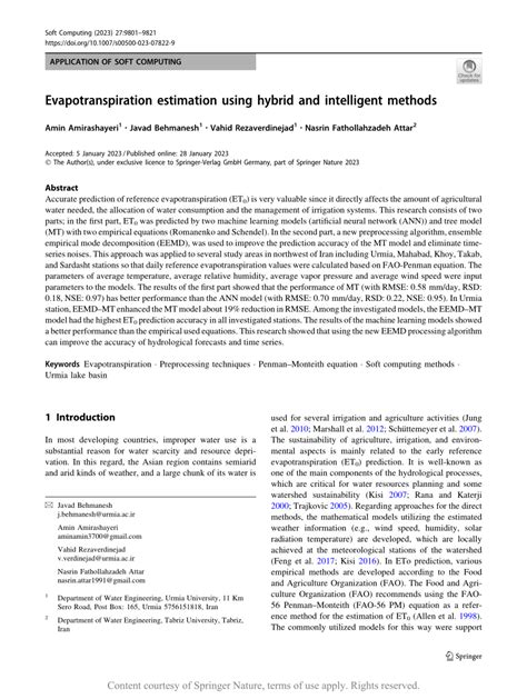 Evapotranspiration Estimation Using Hybrid And Intelligent Methods Request Pdf