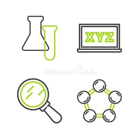Set Line Molecule Magnifying Glass Xyz Coordinate System And Test Tube And Flask Icon Vector