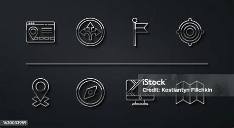 도시지도 내비게이션 위치 대상 스포츠 위치 마커 나침반 도로 교통 표지판 접힌 아이콘 및 아이콘으로 모니터 라인 인포 그래픽을 설정합니다 벡터 거리에 대한 스톡 벡터 아트