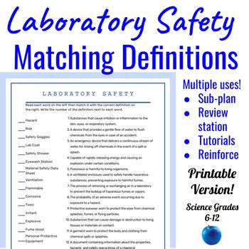 Laboratory Safety Matching Definitions Worksheet Science Lab Review