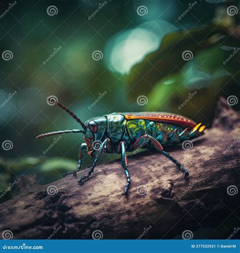 Close Up O A Colorful Tropical Bug On A Tree Branch Bokeh Background Stock Illustration