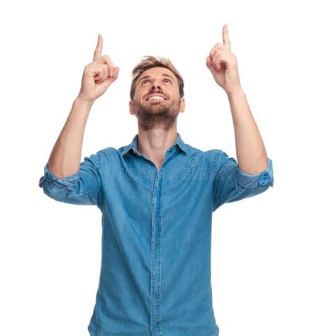 Smiling Casual Man Pointing Fingers Above His Head Stock Image Image Of Model Shirt