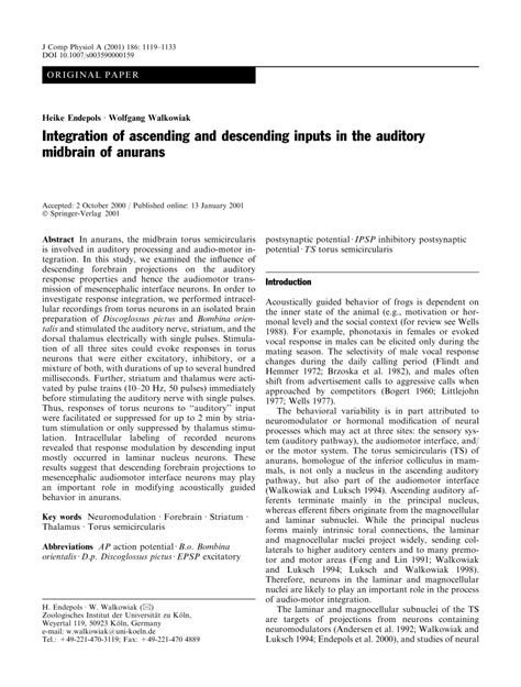 Pdf Integration Of Ascending And Descending Inputs In The Auditory Midbrain Of Anurans