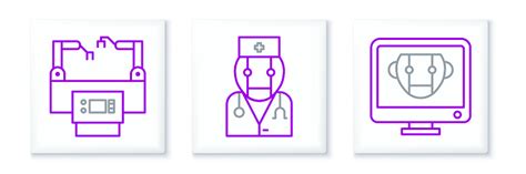 Set Line Bot Assembly Line And Robot Doctor Icon Vector Stock