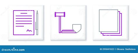 Set Line Clean Paper Contract With Pen And Judge Gavel Shield Icon Vector Stock Illustration