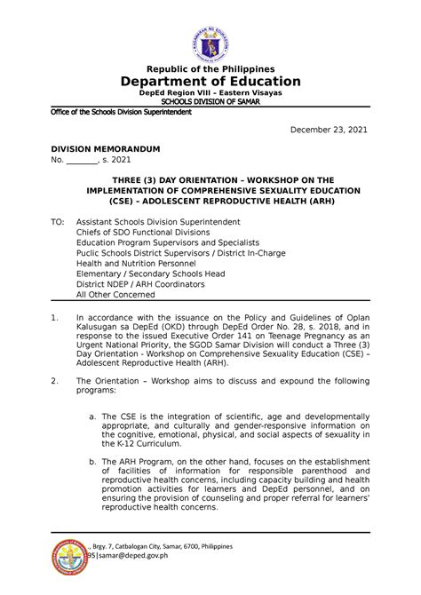 Division Memorandum 2021 Cse Arh Republic Of The Philippines
